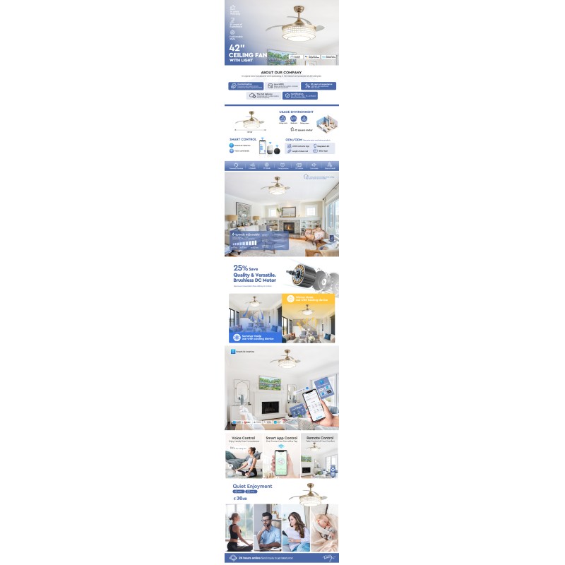 Modern 42-inch LED ceiling fan with retractable design and remote control