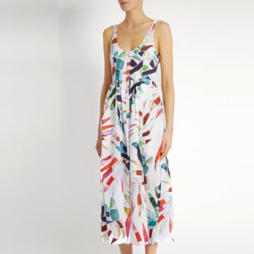 Quality 2018 New Style Women White-Print Button-Down Simple Cheap Linen Midi Dress for sale