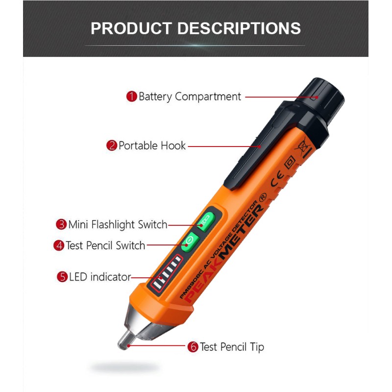 non contact ac voltage detector PM8908C, 12-1000V voltage detector pen, pocket voltage tester pen PM8908C
