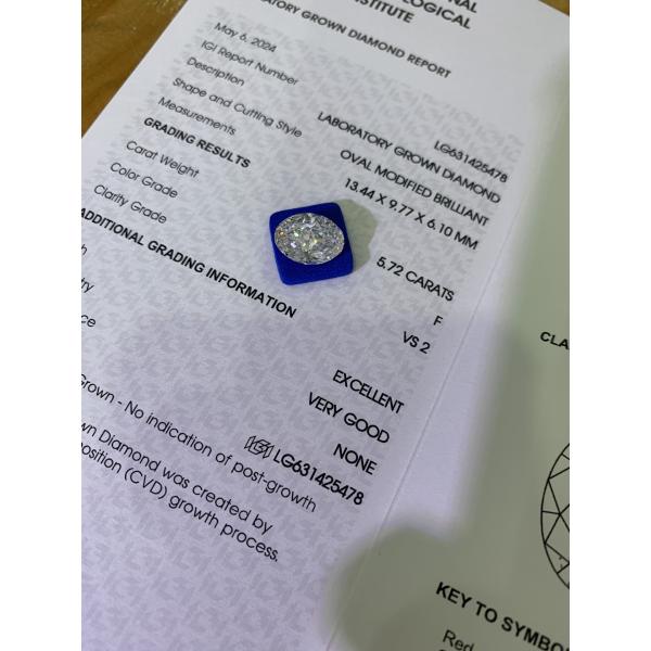 Quality 5.72ct Lab Growm Diamond Oval Cut CVD F VS2 2EX N IGI LG631425478 for sale