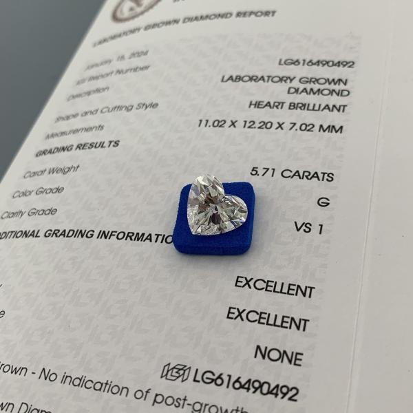 Quality 5.71 Carat VS1 G Lab Manufactured Diamonds Heart Shape OEM ODM for sale