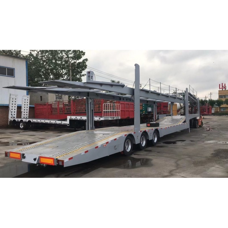 Rear perspective of car carrier trailer with multiple vehicle capacity