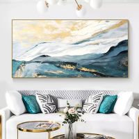 Quality Blue Gold Foil Abstract Landscape Oil Painting On Canvas Hand Painted Modern for sale