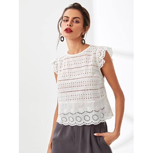Quality Summer latest women white blouse styles with petal sleeve for sale