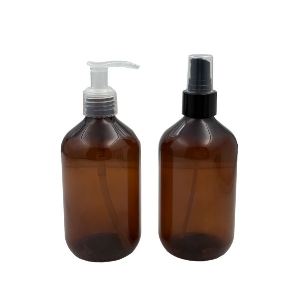 Quality 300ml PET Amber Brown Plastic Bottles with Clear Pump Black Oil Spray Set Ready For Shipping In stock for sale