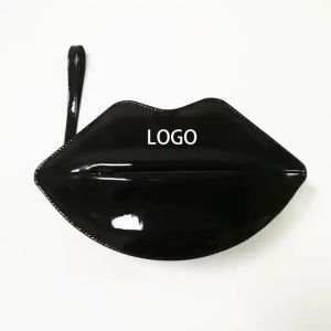 Quality Custom Fluorescent Black Lip Shaped Cosmetic Bag Luxury PU Shinny Cosmetic Gift for sale