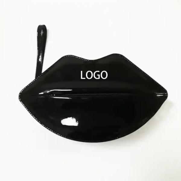 Quality Custom Fluorescent Black Lip Shaped Cosmetic Bag Luxury PU Shinny Cosmetic Gift Bag for sale