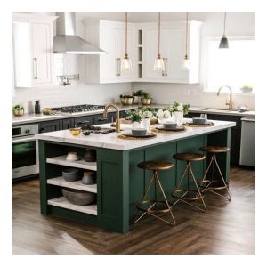 Quality Perfect Match Shaker Style Green Paint Finish Solid Wood Cabinets and Quartz for sale