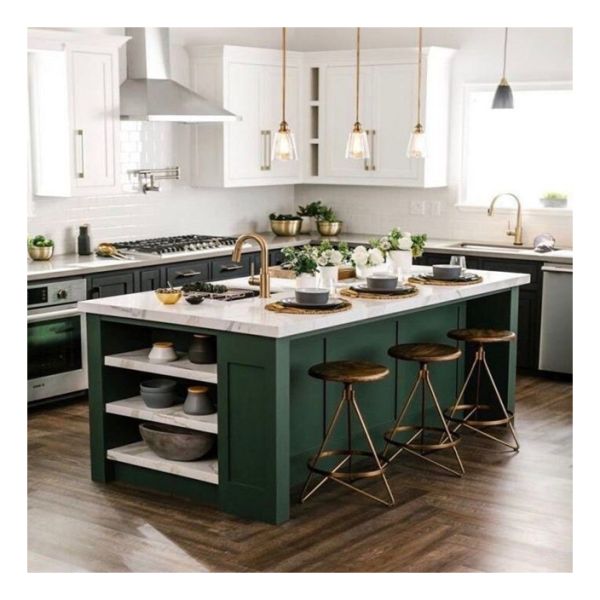 Quality Perfect Match Shaker Style Green Paint Finish Solid Wood Cabinets and Quartz Countertops for sale