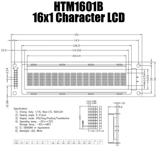 Quality 16x1 Monochrome LCD Display Module , S6A0069 Small LCD Module HTM1601B for sale
