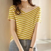 Quality Fashion Striped Knitted Tshirt V Neck Casual Tee Shirt for Women's Occasion for sale