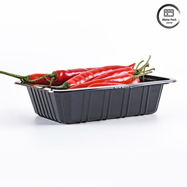 Quality Supermarket Chili Disposable Plastic Tray Deep Rectangular Fruit Black Containers Vegetables Fresh Packaging Food Tray for sale