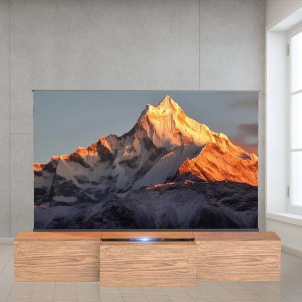 Quality Luxury Motorized Laser TV Cabinet Living Room Furniture Brown Wood TV Cabinet for sale