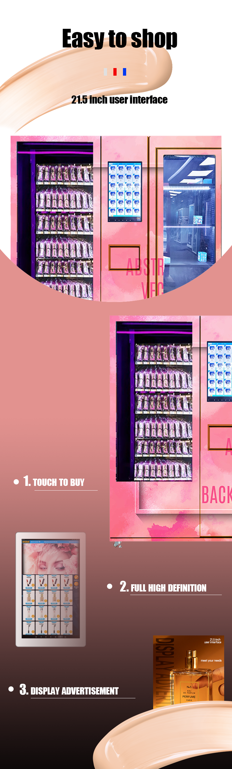 Automatic Beauty Cosmetics Vending Machines LED Lighting Custom Stickers Display Window