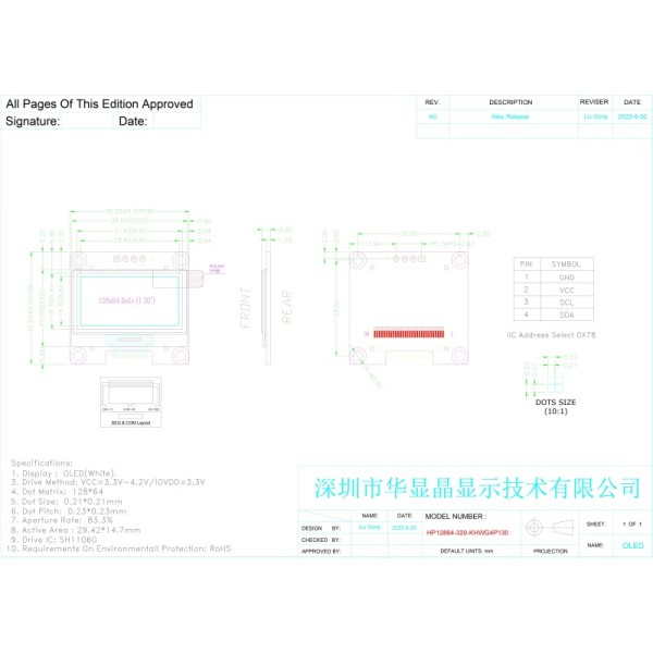 Quality 1.3'' 128x64 OLED LCD Display 30Pin Monochrome PMOLED Screen SPI I2C Interface for sale