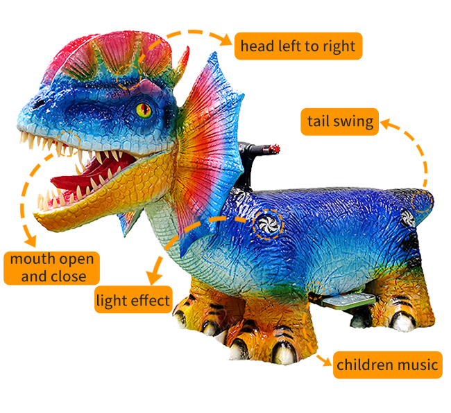 Children riding green electric dinosaur amusement ride
