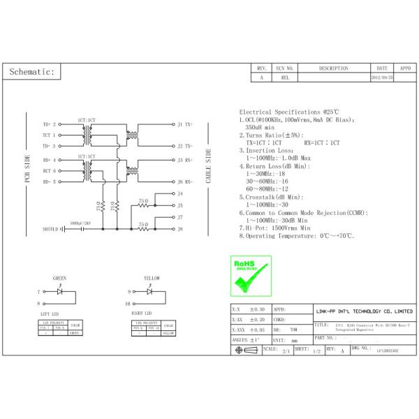 Quality Two Ports RJ45 Connector LED Integrated 100M Magnetics LPJ17087AENL for sale