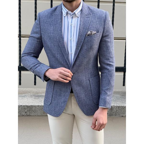 Quality Slim Fit Self Patterned Blue Business Casual Blazer Outfit for sale