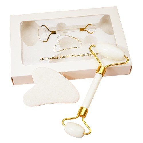 Quality Skin Care Tool Natural White Jade Stone Gua Sha Scraping Board Guasha Face Roller Gift Box Set for Body Muscles Massage for sale