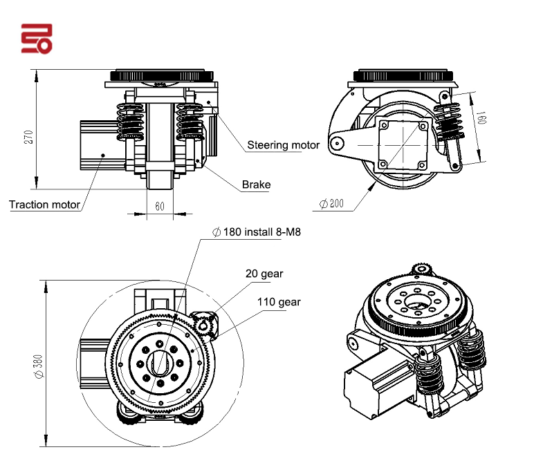 B27B  series AGV Damping drive wheel  DC motor Precise control Steering wheel with encoder brake