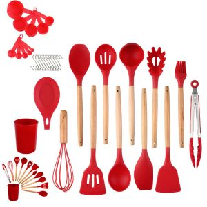 Quality Stocked Silicone Kitchenware Cookware Sets With Wooden Handle Heat Resistant for for sale