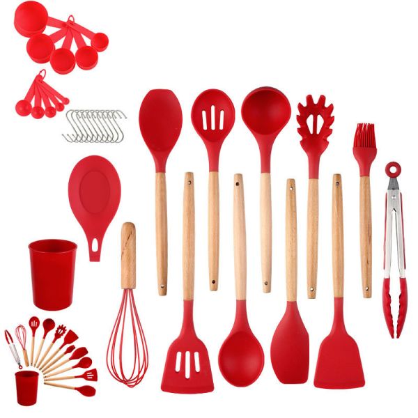 Quality Stocked Silicone Kitchenware Cookware Sets With Wooden Handle Heat Resistant for OEM/ODM for sale