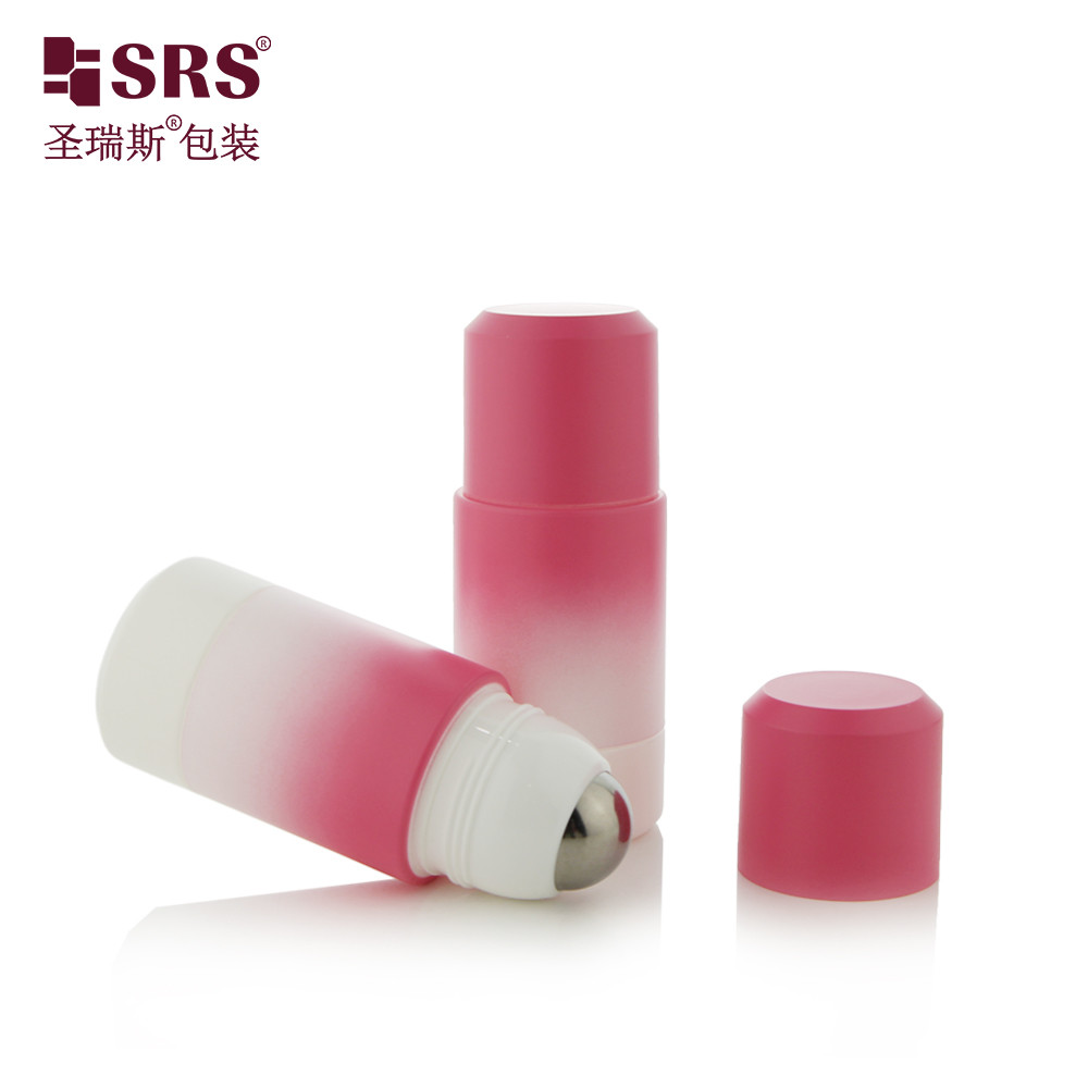 RPPE(S)-50ml 75ml Gradient coating spraying peach pink white refillable deodorant gel roller bottle with big steel metal massage ball packaging