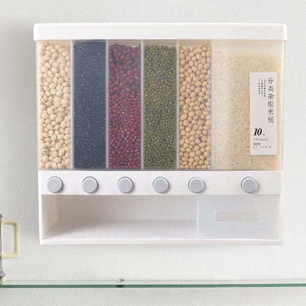 Quality Transparent Wall Mounted 6 Grid Cereal Dispenser With Measuring Cup for sale