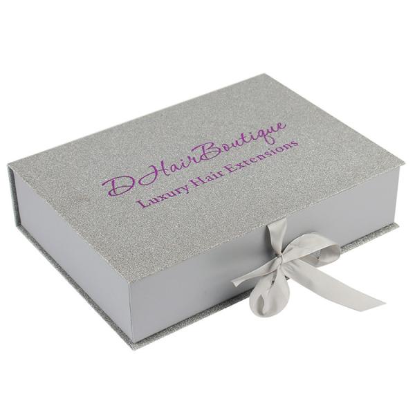 Quality Foil Logo Silver Glitter Paper Custom Wig Packaging Boxes Luxury With Ribbon for sale