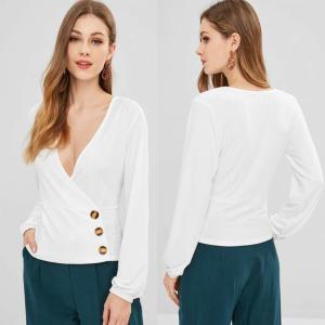 Quality Long Sleeve Ribbed Buttoned Crossover Top T Shirt Clothing Women for sale