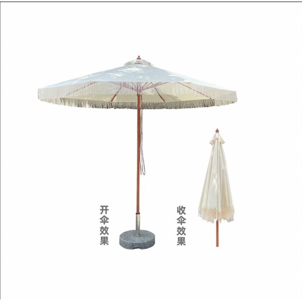 Quality Hand Woven Tassel Outdoor Column Straight Umbrella with Wood Grain Aluminum Frame for sale
