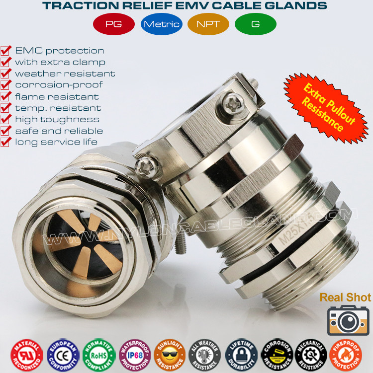 EMC/RFI Cable Glands IP68 Nickel-Plated Brass with Additional Strain Relief Clamp