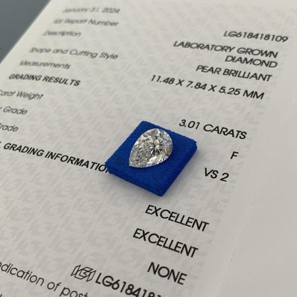 Quality 3.01CT F Color VS2 Clarity 2EX Pear Shaped Lab Grown Diamond for sale