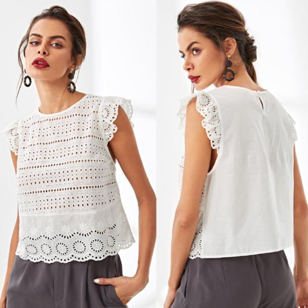 Quality Summer latest women white blouse styles with petal sleeve for sale