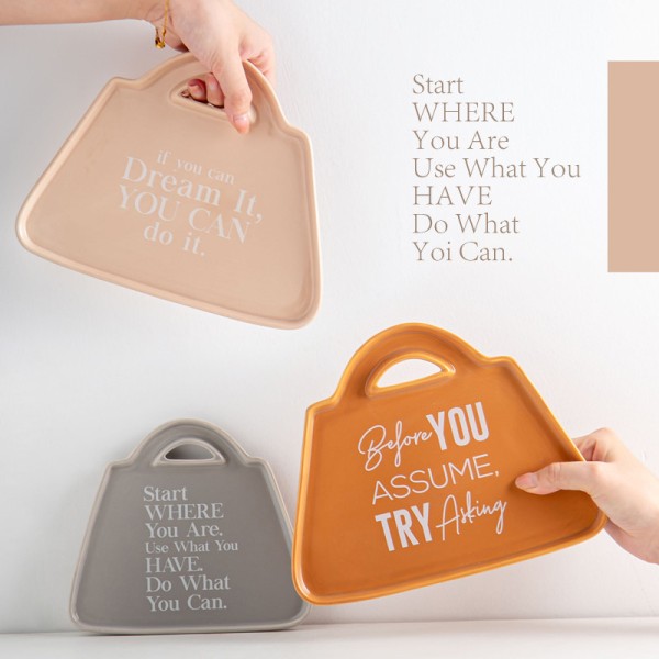 Quality Under Glazed Technique Ceramic Snack Plate Set For Cute Bag Shape Gray Serving for sale