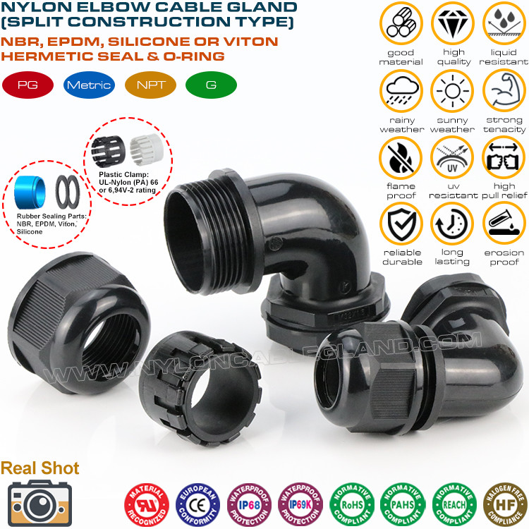 Divided Type Right Angle (90° Elbow) Hermetic Metric Cable Glands IP68 with Locknuts & Flat Gaskets