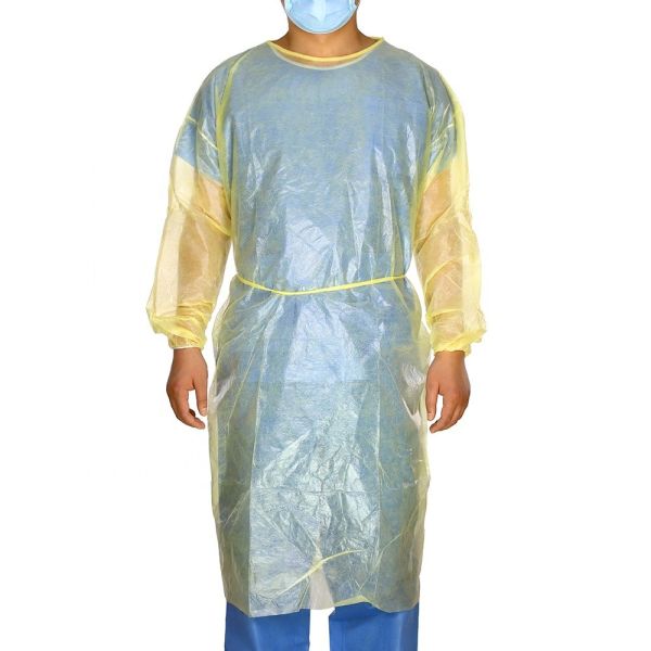Quality Disposable Pp Pe Coated Waterproof Non Woven Isolation Gowns Yellow Color for sale