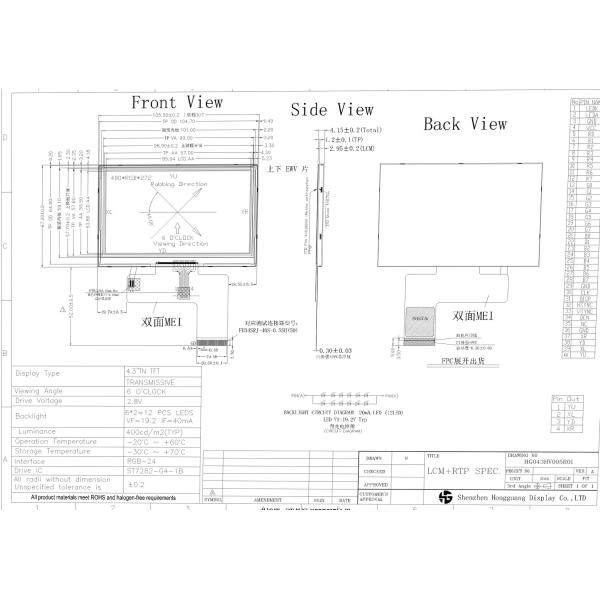 Quality 480x272 TFT Resistive Touch Screen 4.3 Inch RGB Interface 500cd/M2 for sale