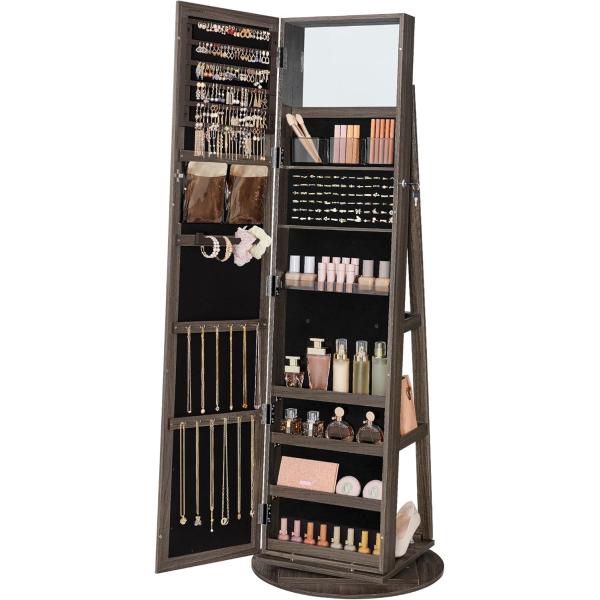 Quality Brown 360° Swivel Jewelry Cabinet Rectangle Standing Mirror With Storage for sale
