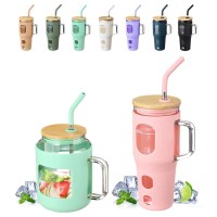 Quality Custom Logo Reusable Glass Tumbler 32oz with Bamboo Lid Handle and Silicone for sale