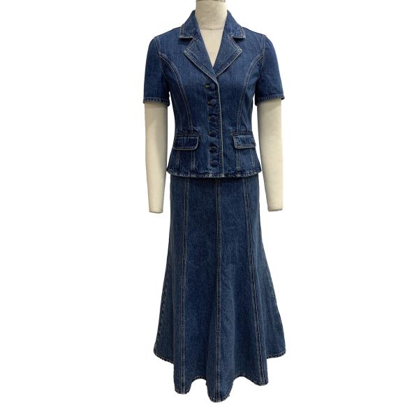 Quality Two Piece Denim Set Featuring A Tailored Jacket And Flared Midi Skirt for sale