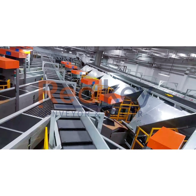 Close-up view of cross belt sorter mechanism showing precision sorting
