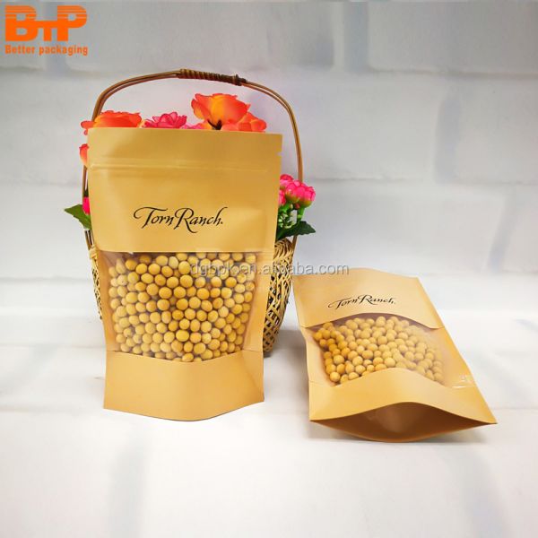 Quality Brown Kraft Paper Stand up Pouches Zipper Resealable Zip Lock Packaging Bag Biodegradable Food Bag Packaging With Window for sale