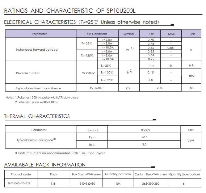 TO-277 Package SP10U45L/SP10U80L/SP10U100L/SP10U150L/SP10U200L 10A Current Low Vf Schottky Diode