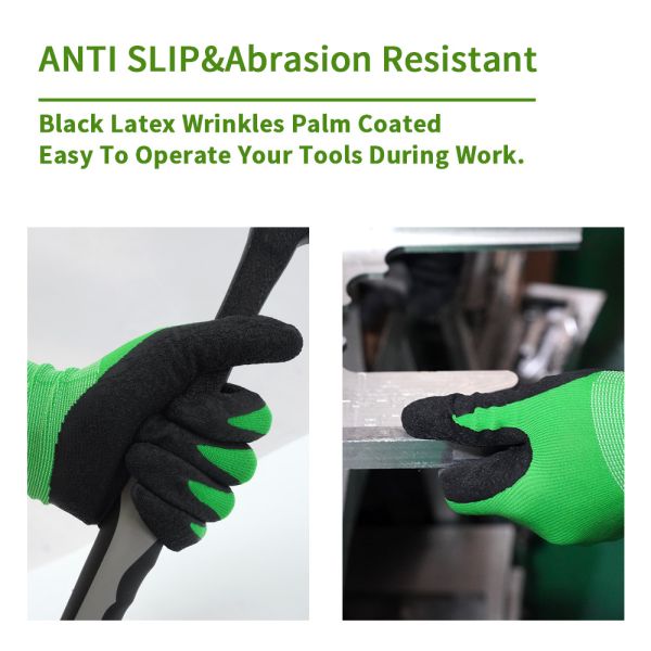 Quality 13 Gauge Polyester Black Crinkle Latex Work Gloves Enhanced Durability and Grip for sale