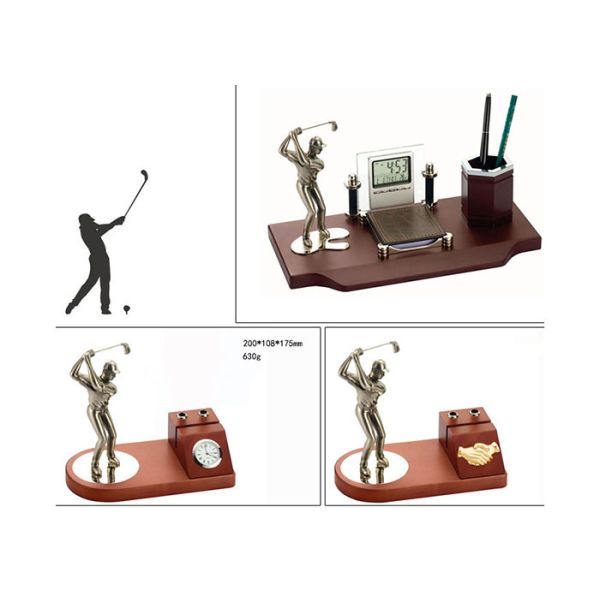 Quality Wooded Base Golf Trophy Cup Multi Functional With Pen Container & Clock for sale