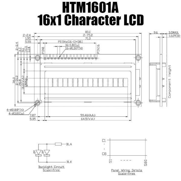 Quality 59.46x5.96mm 16x1 Character LCD Display With White Backlight HTM-1601A for sale