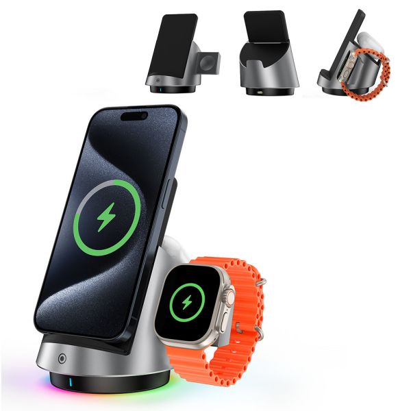 Quality 3 In 1 Dual Coil Desktop Wireless Charger Dock With RGB Light Effect for sale