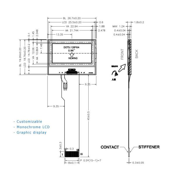 Quality 0.96 Inch Fstn / Positive / Transmissive Mono Lcd 128x64 Resolution 1/65duty,1 for sale