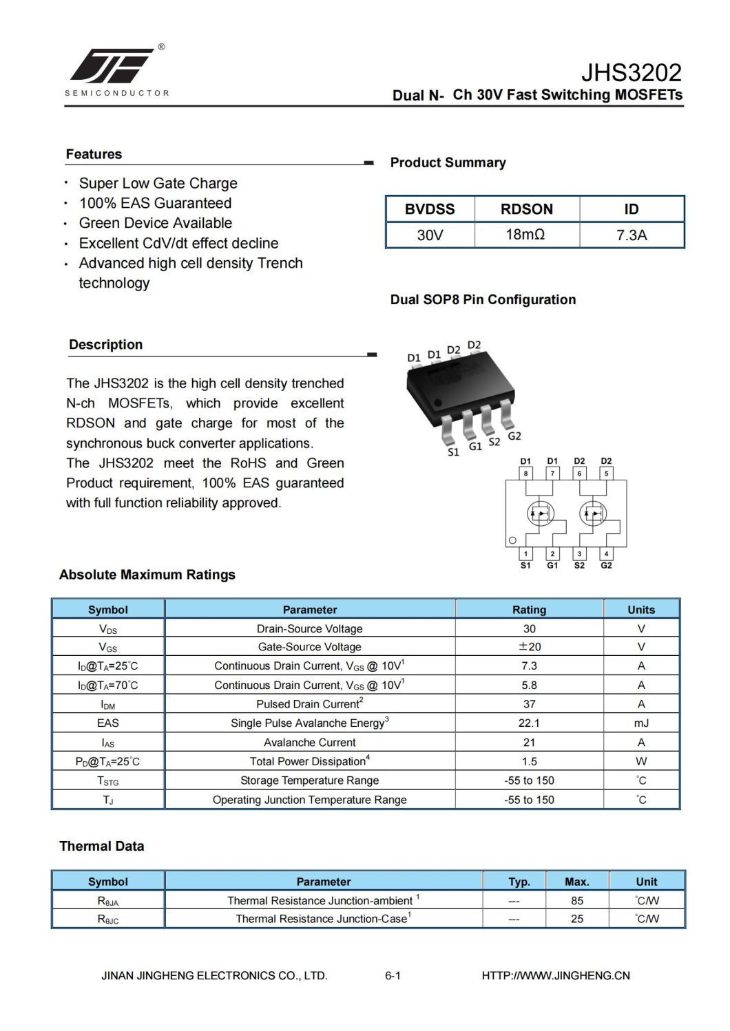 Dual N- Channel 30V Fast Switching MOSFETs JHS3202 YJS3404A